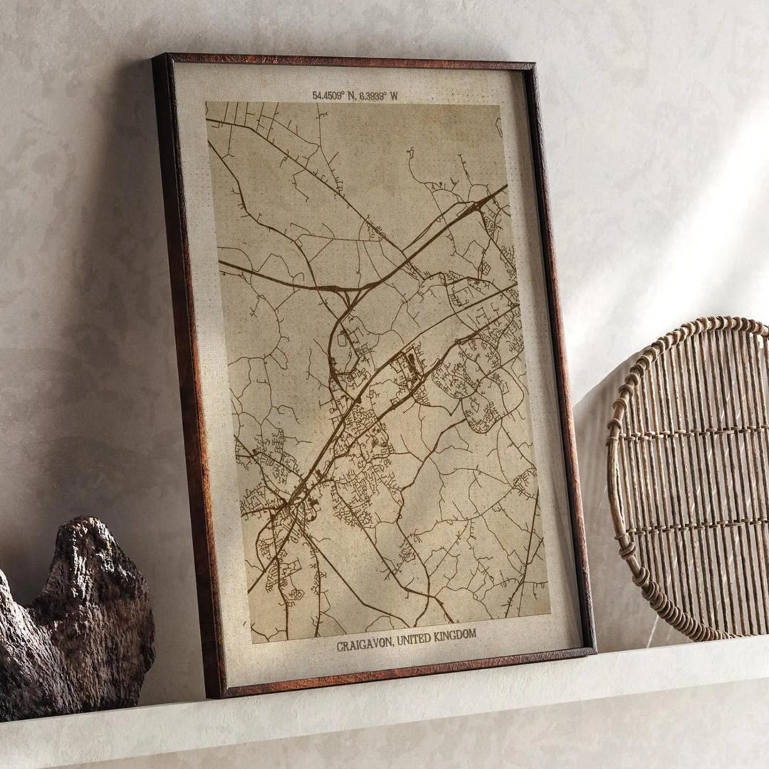 Craigavon, Northern Ireland Map | Vintage Beige Detailed Map Print ...