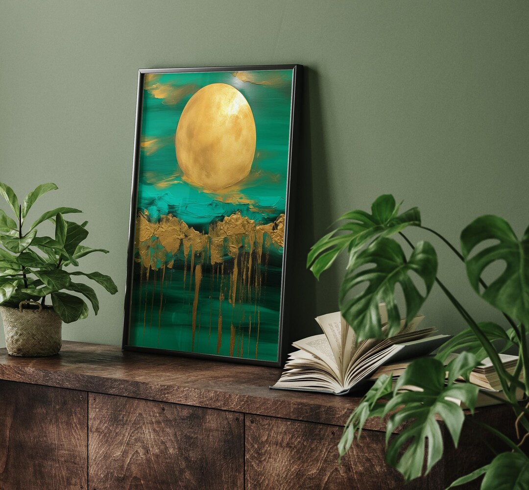 Emerald Green & Gold Full Moon Wall Art Print | Abstract Celestial ...