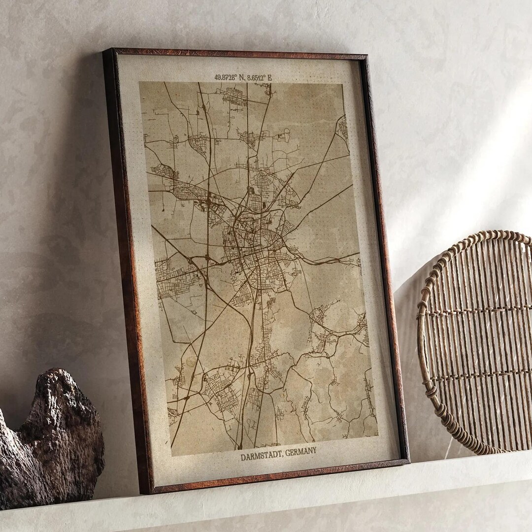 Darmstadt, Hesse Map | Vintage Beige Detailed Map Print | Germany ...