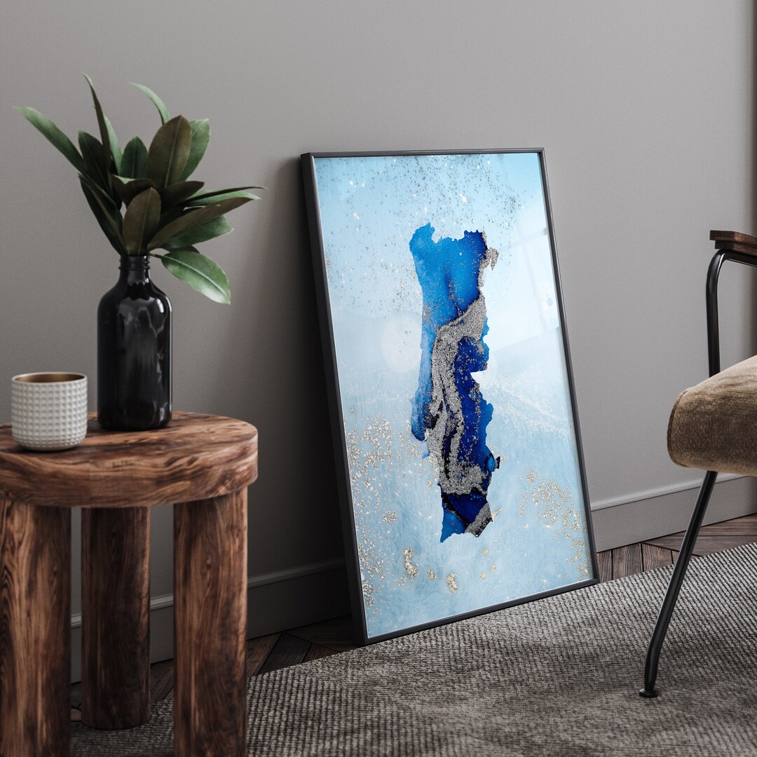 Portugal Map Shades of Blue & Silver Wall Art Print - Etsy
