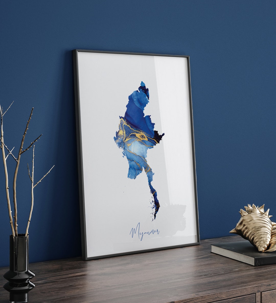 Myanmar Map Blue and Gold Wall Art Print - Etsy