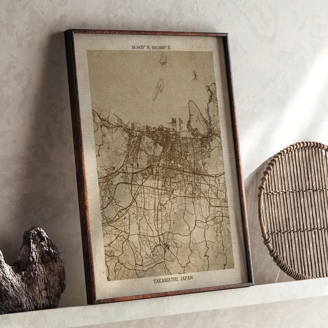 Takamatsu, Kagawa Map | Vintage Beige Detailed Map Print | Japan ...