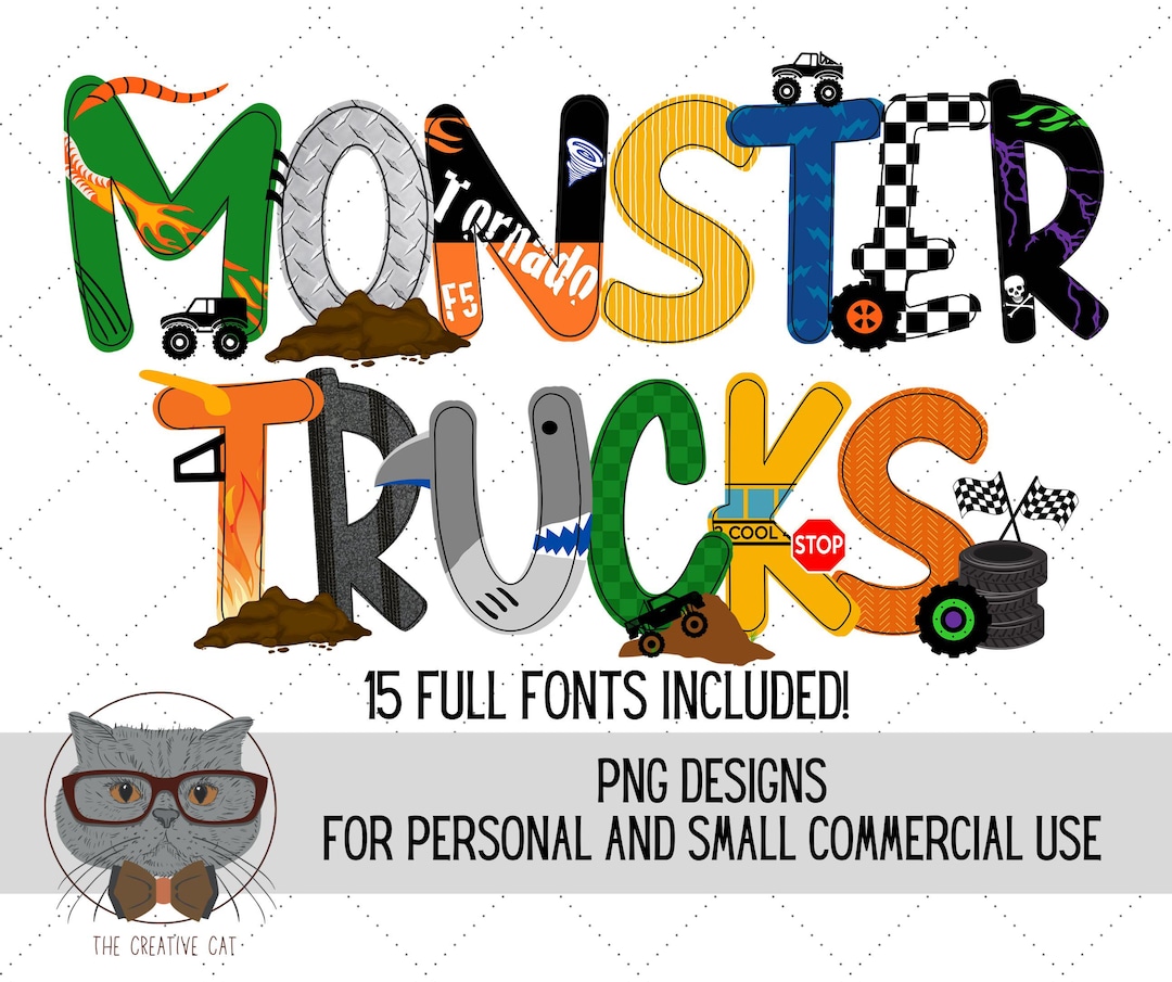 Monster Truck Alphabet PNG Font Bundle, Truck Birthday Alpha Font ...