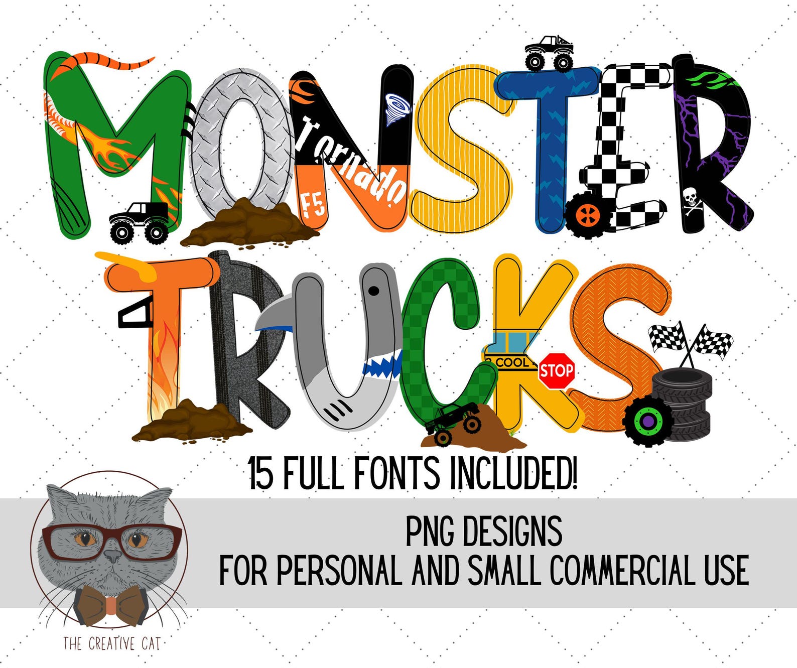 Monster Truck Alphabet PNG Font Bundle, Truck Birthday Alpha Font ...