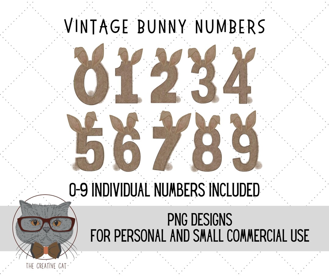 Vintage Easter Bunny Numbers PNG Font Bundle, Cute Rabbit Number Font ...