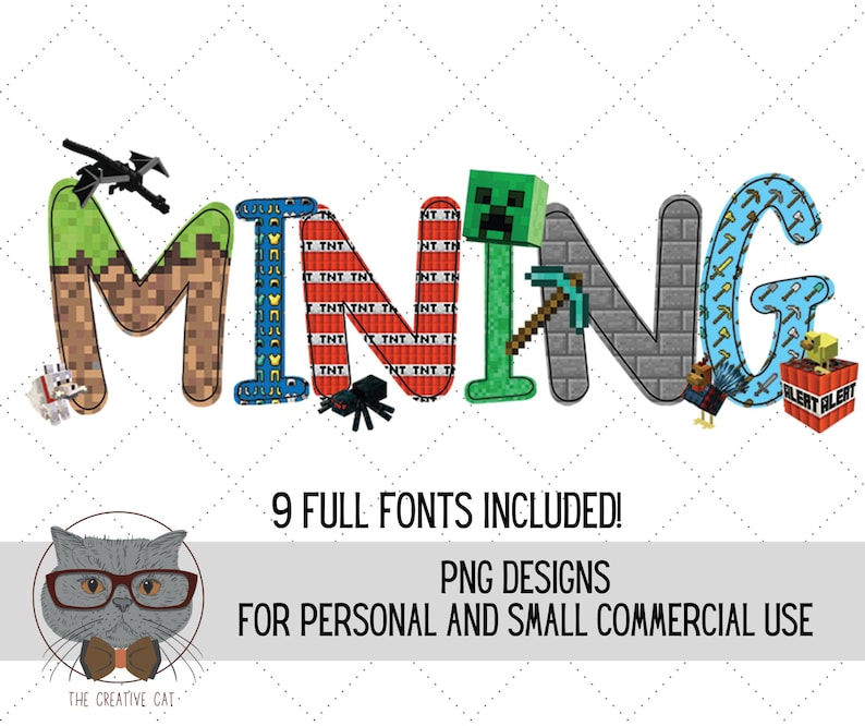 Mining Game Alphabet PNG Font Bundle, Video Game Alpha Font ...