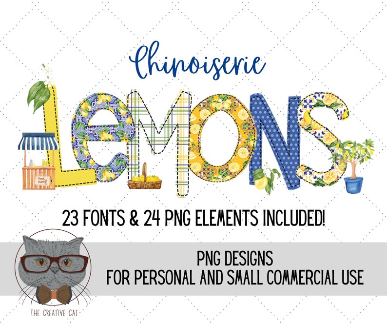 Chinoiserie Lemon Alphabet PNG Font Bundle, Lemonade Letters Alpha Font ...