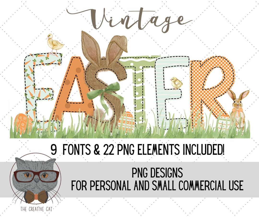 Vintage Easter Bunny Alphabet PNG Font Bundle, Cute Rabbit Alpha Font, Easter Egg Alpha ...
