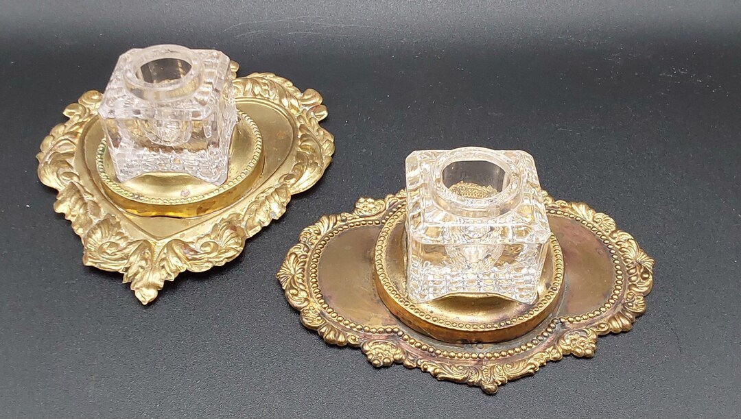 Pair of Pressed Goldmetal and Glass Ink Wells - Etsy