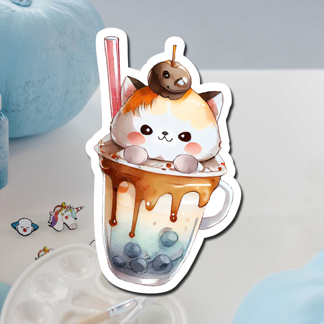 Kawaii Boba Sticker, Boba Tea Sticker, Cute Kitten Vinyl Sticker ...