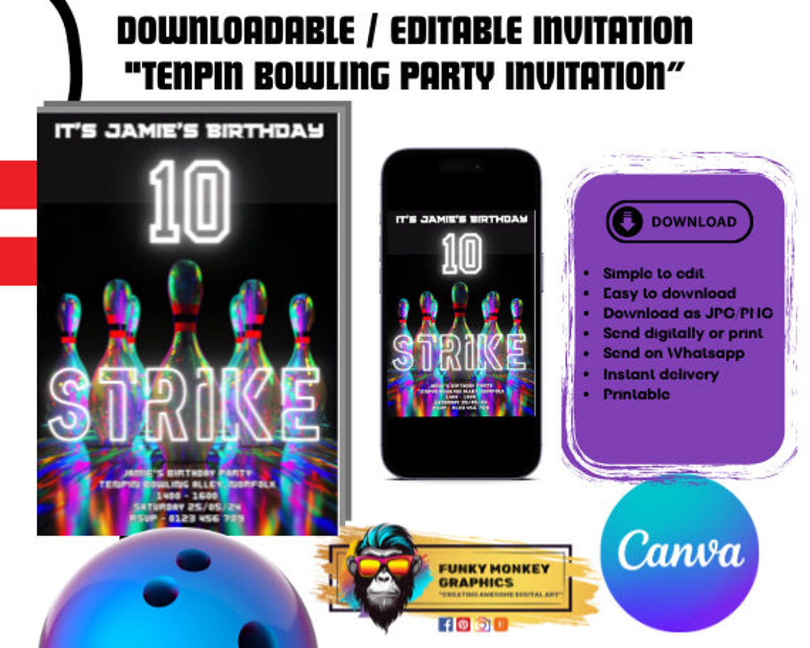 Tenpin Bowling Party Invitation , Bowling Party Invitation, Birthday ...