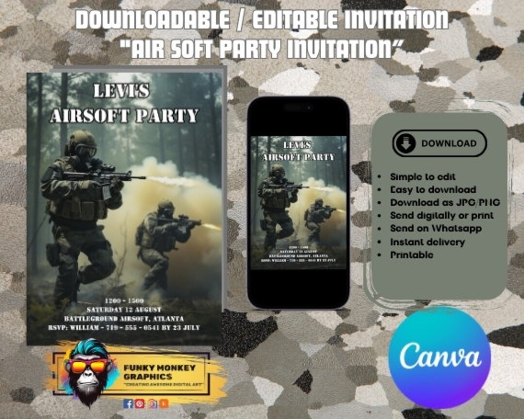 AIRSOFT Birthday Party, Airsoft / Airsofting Invitation, Template ...