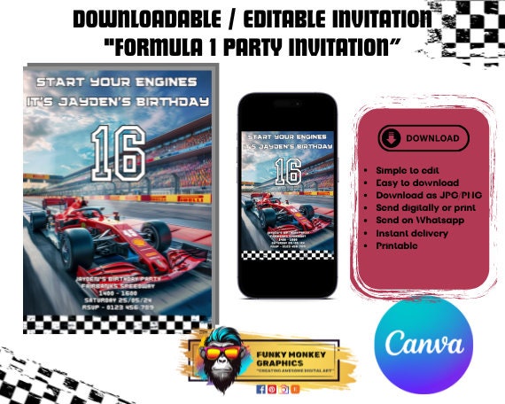 Formula 1 Party Invitation , F1 Party Invitation, Birthday Party ...