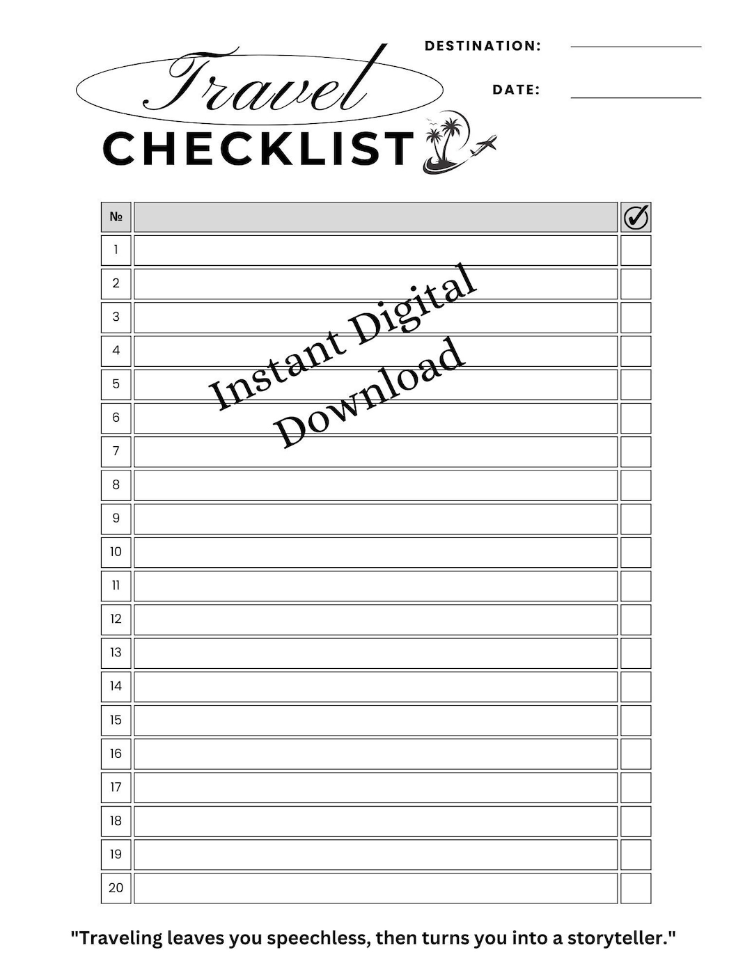 Travel Packing List Printable, Blank Vacation Packing List Printable ...