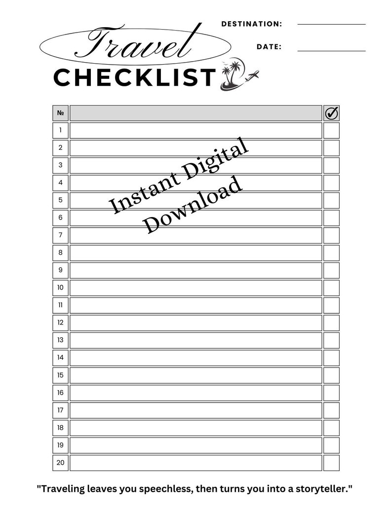 Travel Packing List Printable, Blank Vacation Packing List Printable ...