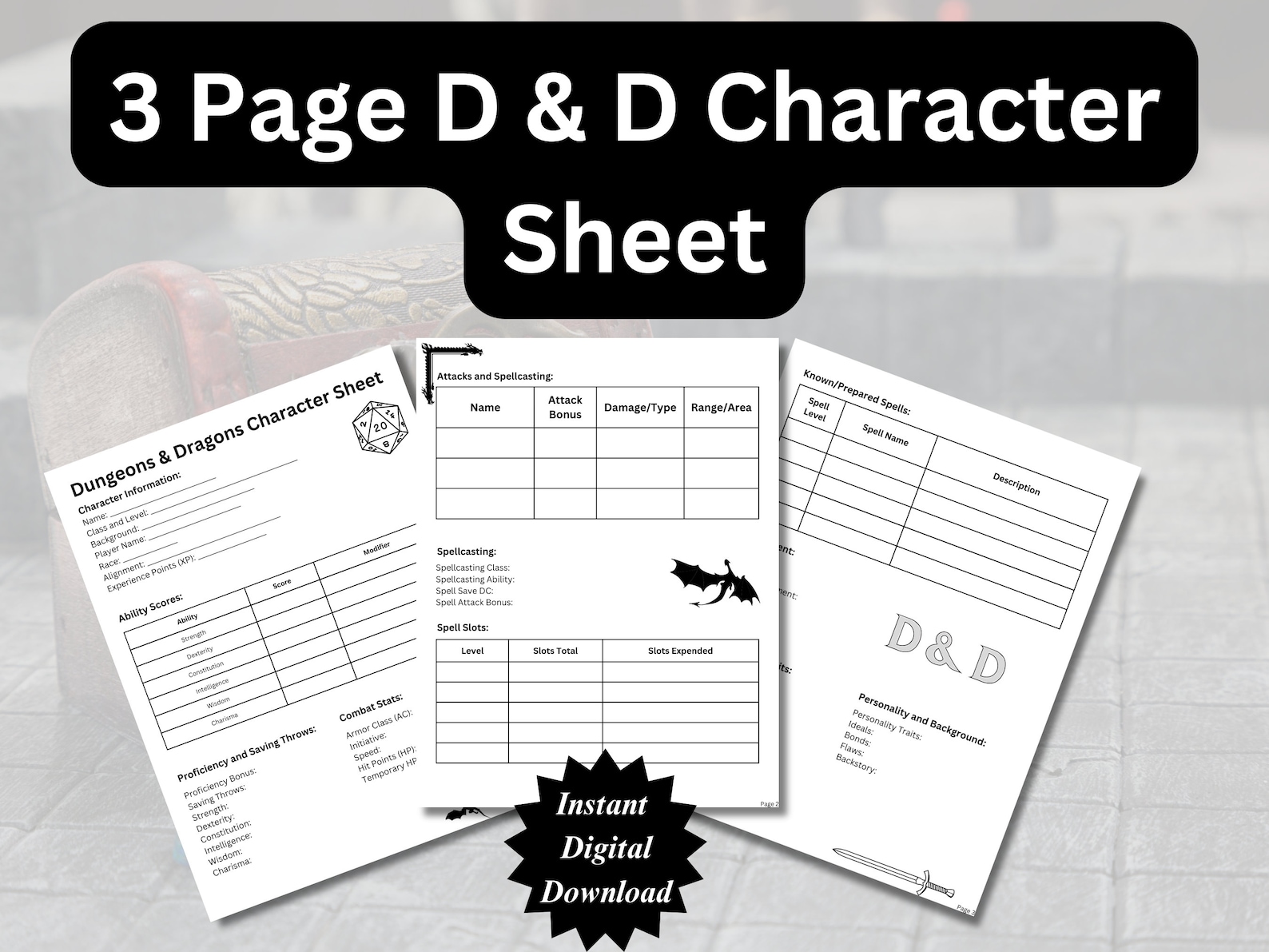 D & D Character Sheet Printable Dungeons and Dragons Game Custom PNG ...
