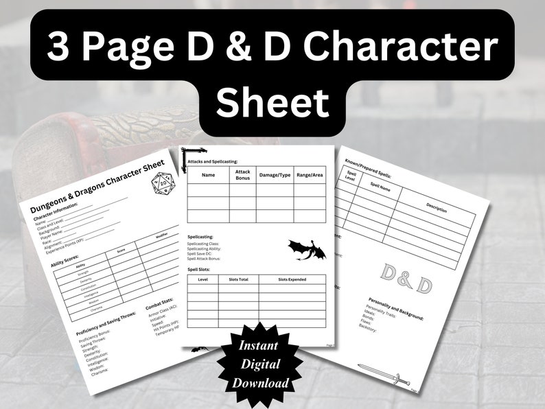 D & D Character Sheet Printable Dungeons and Dragons Game Custom PNG ...
