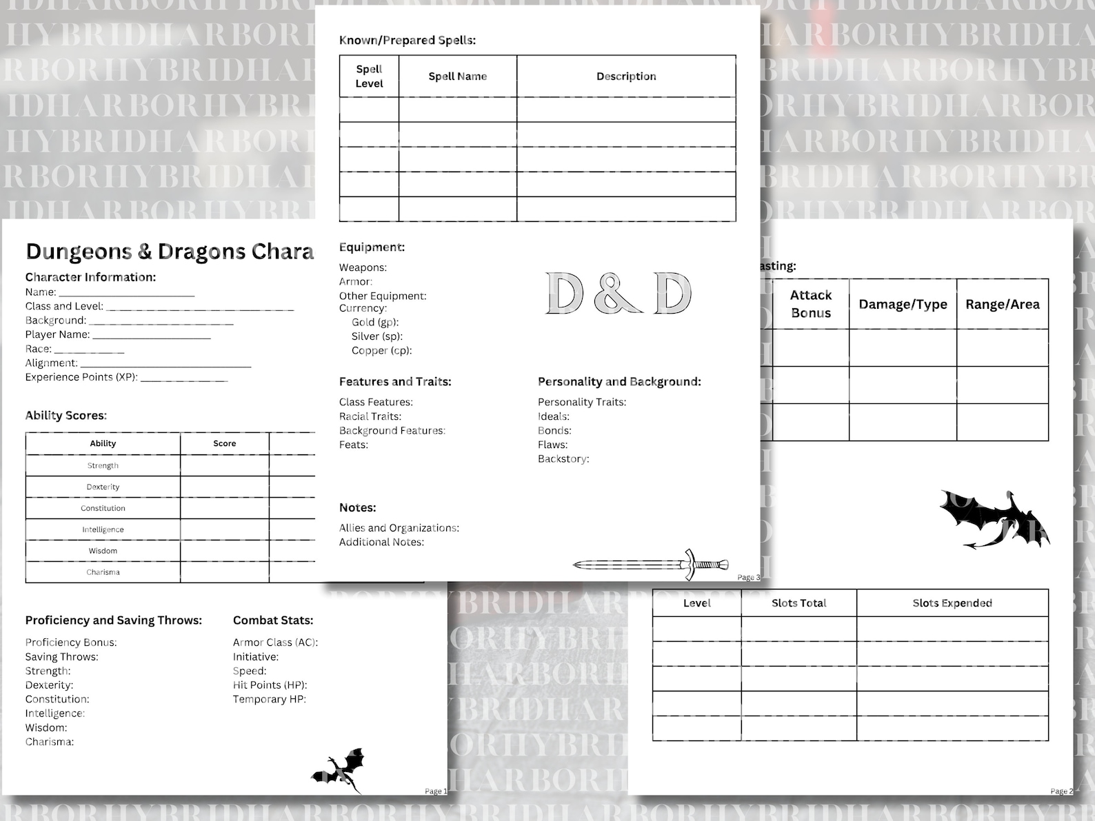 D & D Character Sheet Printable Dungeons and Dragons Game Custom PNG ...
