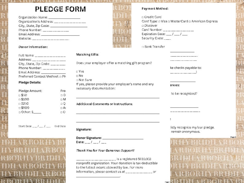 3-page Pledge Form Donate Printable PDF | Donation Gifting Instant ...