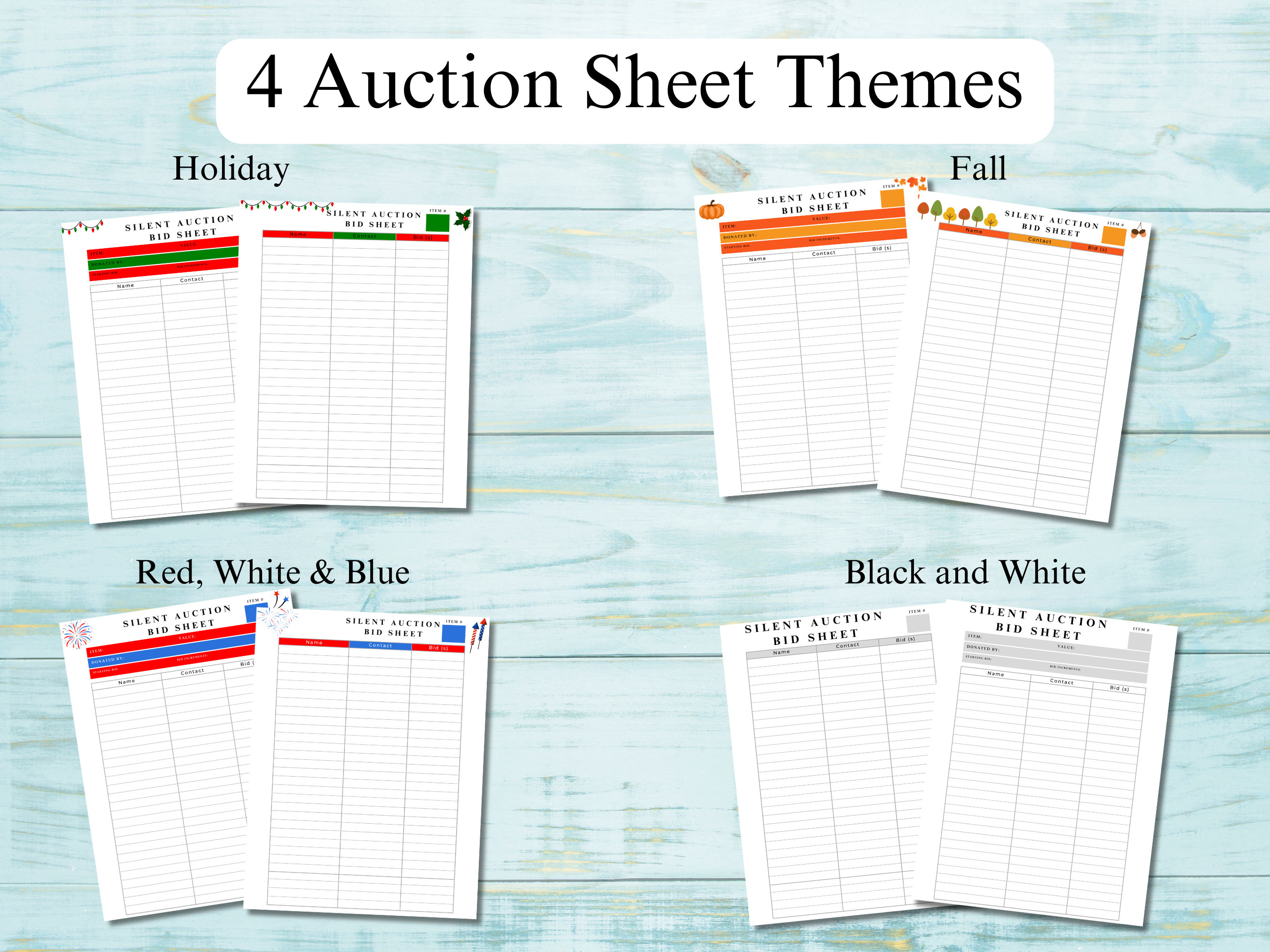 Silent Auction Printable Sheet | Auction Bid Card Bundle | Auction Item ...