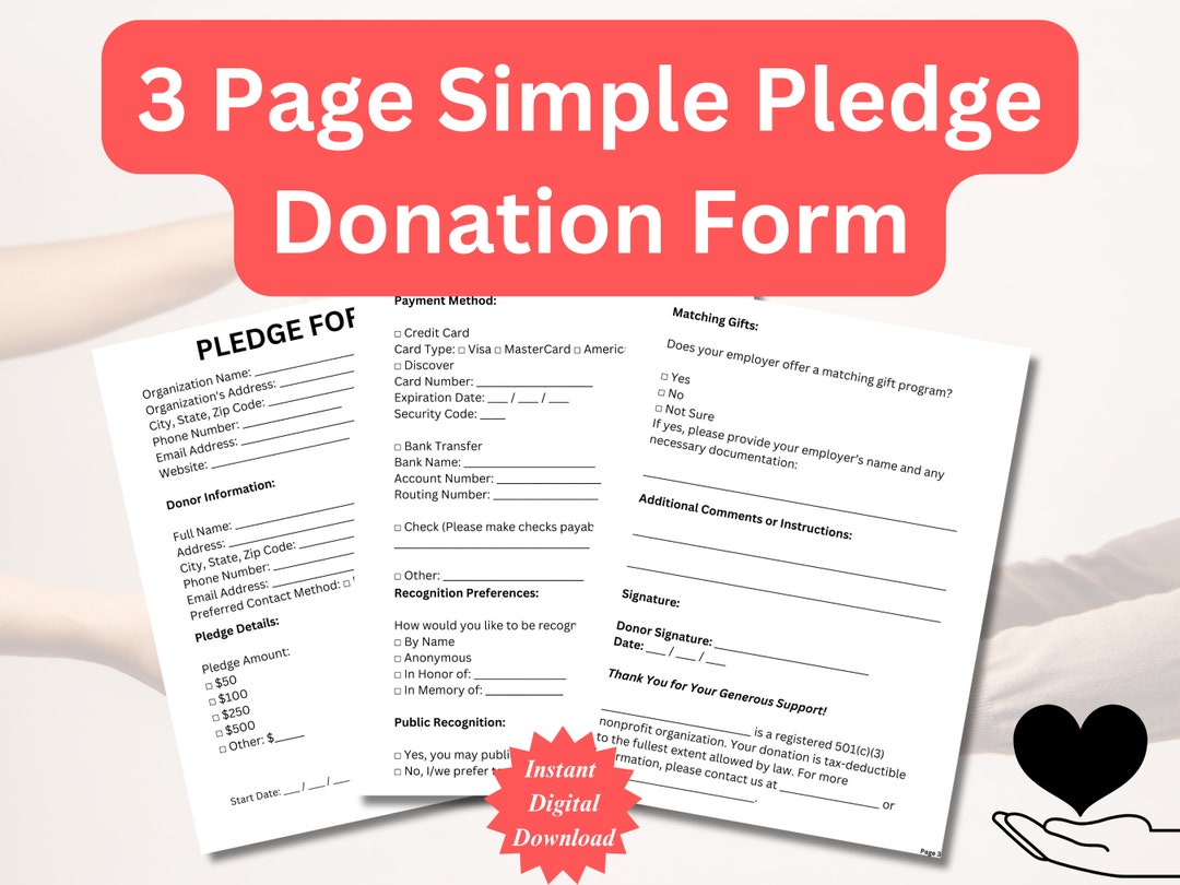 3-page Pledge Form Donate Printable PDF | Donation Gifting Instant ...