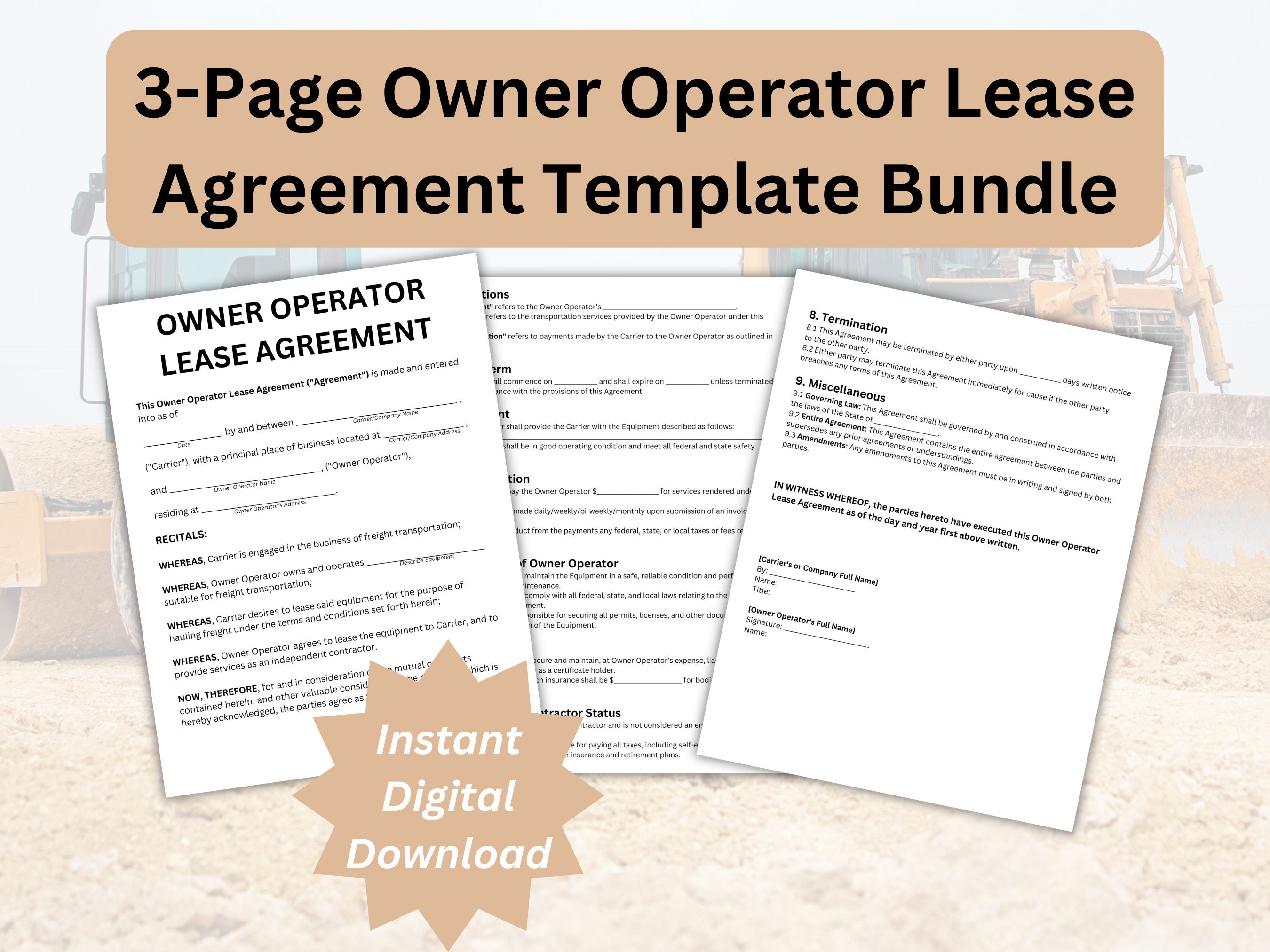 Owner Operator Lease Agreement Printable Bundle | Heavy Equipment Lease ...