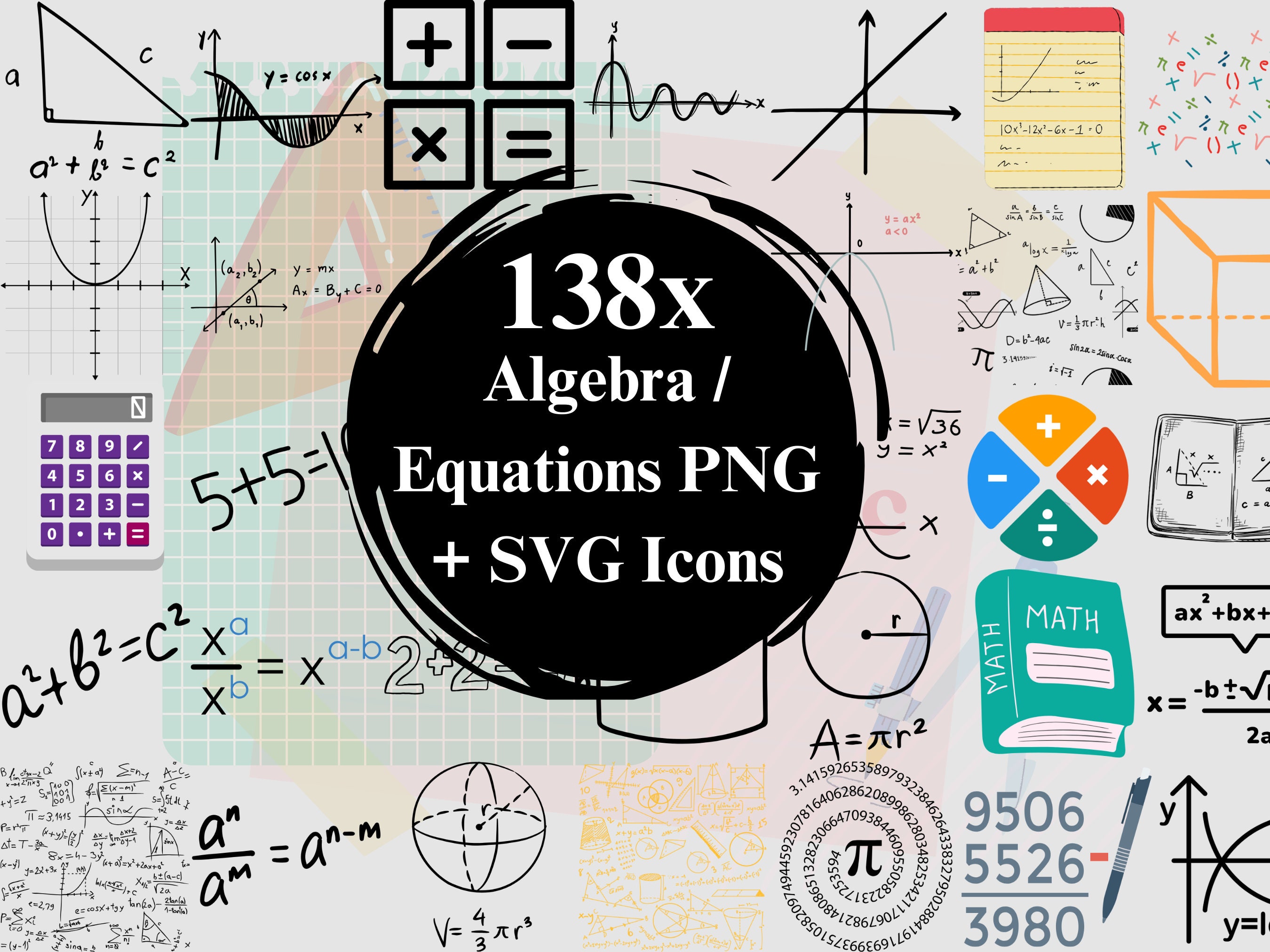 138 Bundle Algebra SVG Icons Math Equations Teaching PNG Digital ...