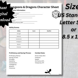 D & D Character Sheet Printable Dungeons and Dragons Game Custom PNG ...