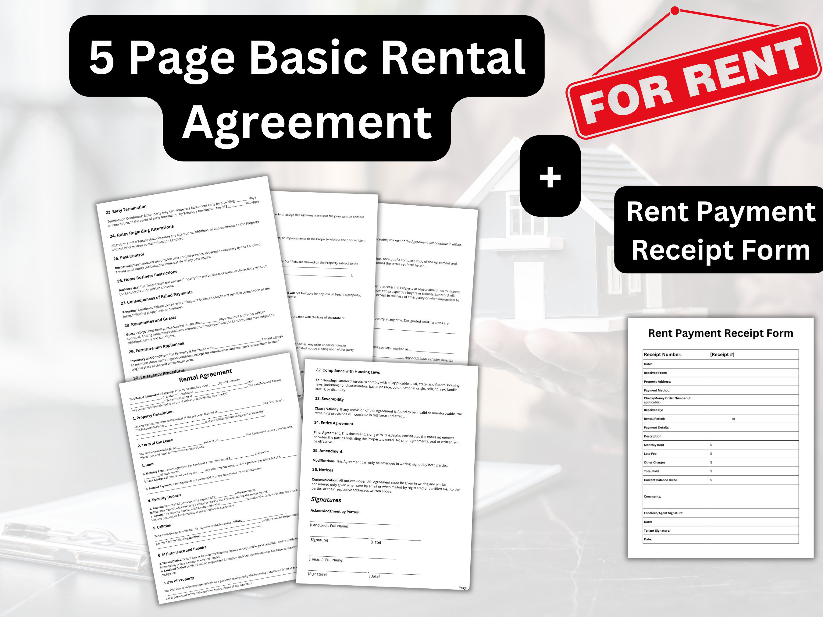 6-page Basic Rental Agreement Printable Bundle | Rental Lease Agreement ...