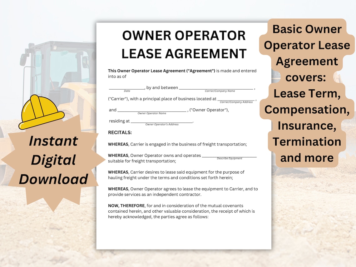 Owner Operator Lease Agreement Printable Bundle | Heavy Equipment Lease ...