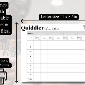 Quiddler Score Sheet Digital Download Bundle | Word Game Tracker ...