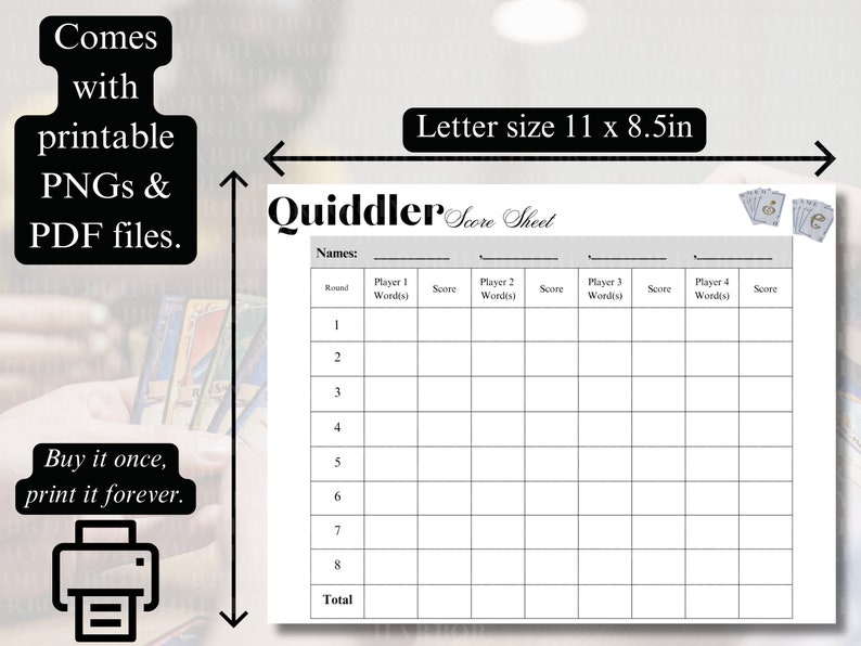 Quiddler Score Sheet Digital Download Bundle | Word Game Tracker ...