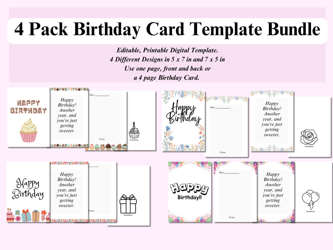 4 Pack Birthday Card Bundle Printable Canva Birthday Card Template ...
