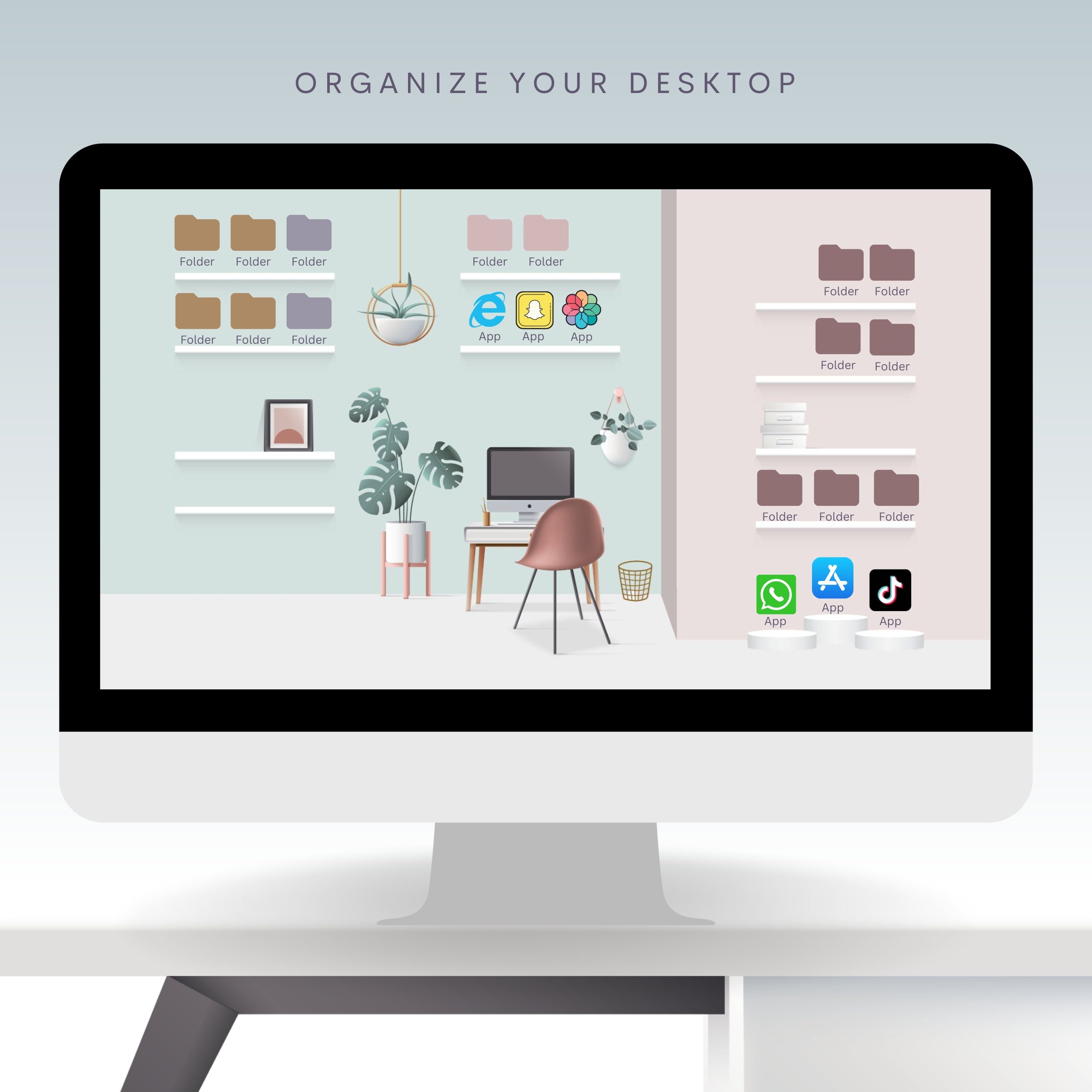 3D Desktop Wallpaper Organizer: Pastel Teal & Pink, Mid Century Modern ...