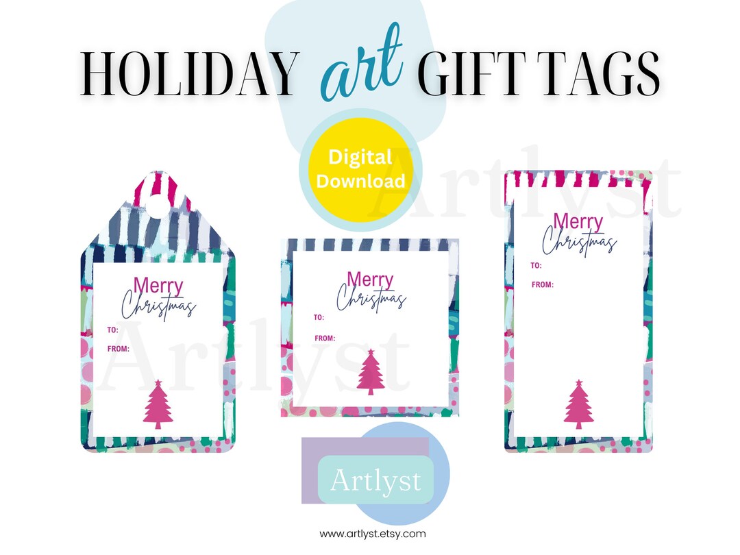 Merry Christmas Tags Printable Digital Download, Unique Holiday Art ...