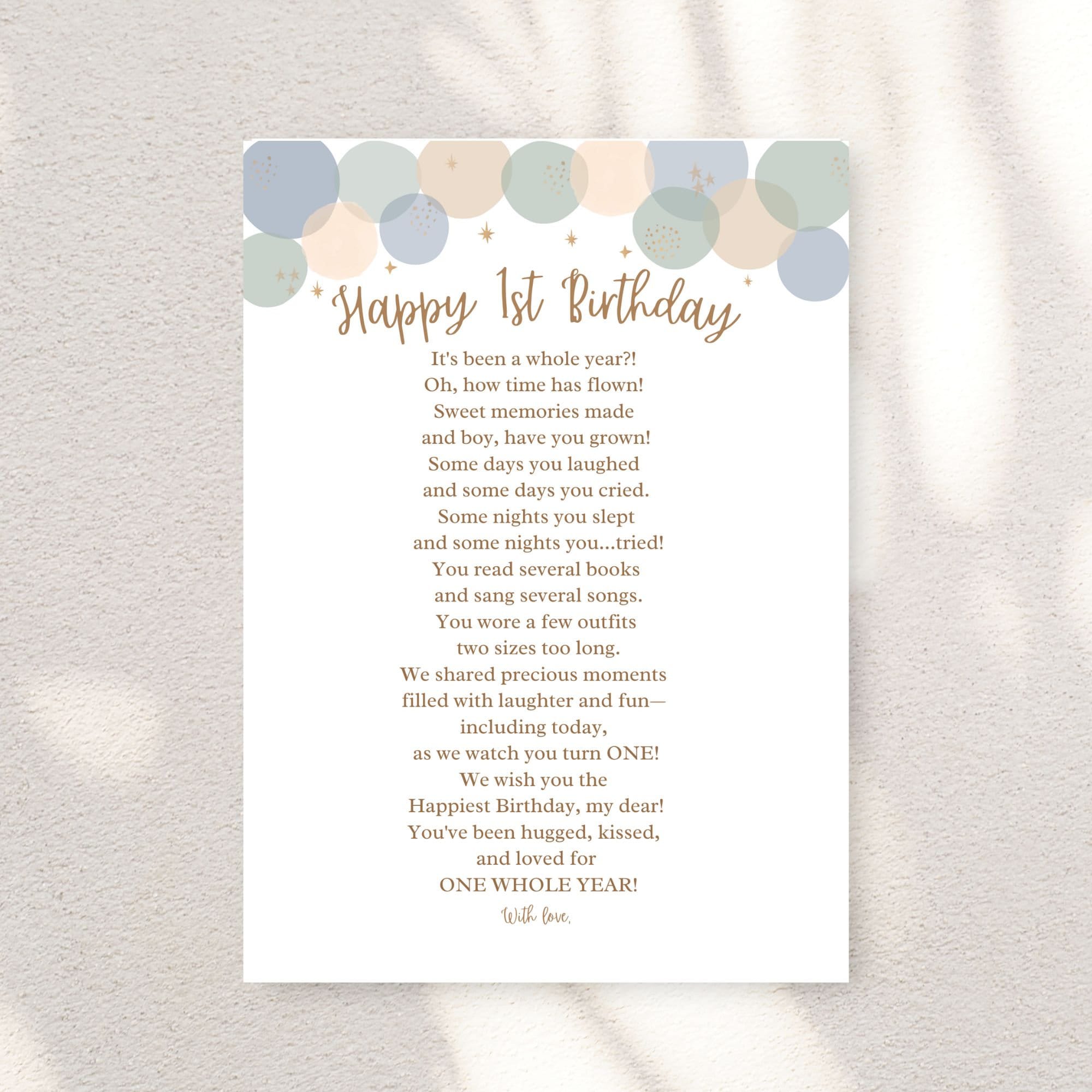Baby’s First Birthday Card, Birthday Poem, First Birthday, Printable ...