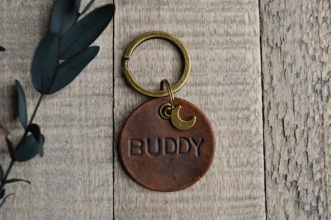 Leather Dog Tag With Moon Charm, Personalized Custom Dog Dog ID Tag ...