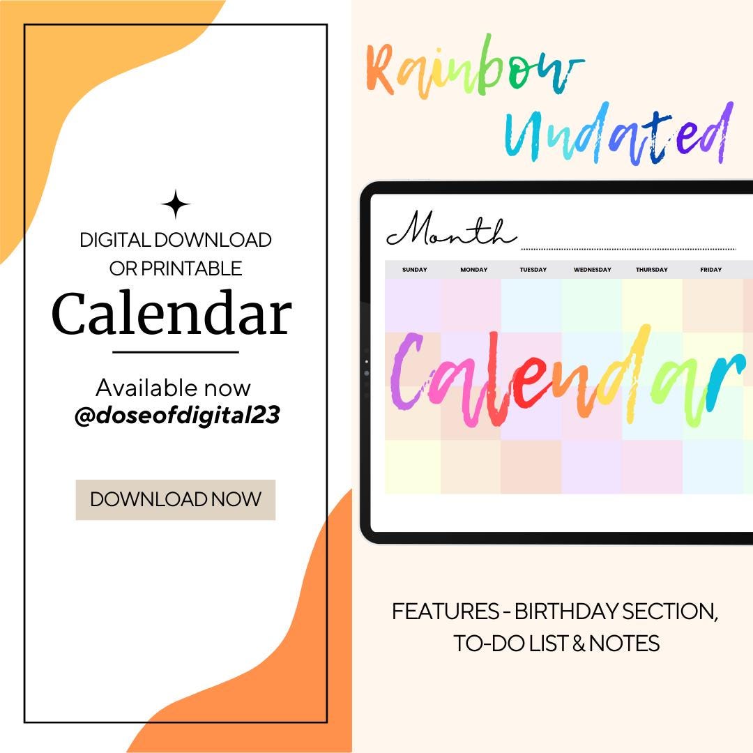 Rainbow Digital & Printable Calendar, Goodnotes, Cute Undated Calendar ...