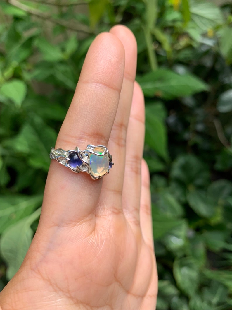 Sterling Silver Ring Opal Lolite Ring Chunky Irregular Geometric ...