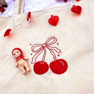 Cherry Bow Embroidered Tote Bag - Etsy