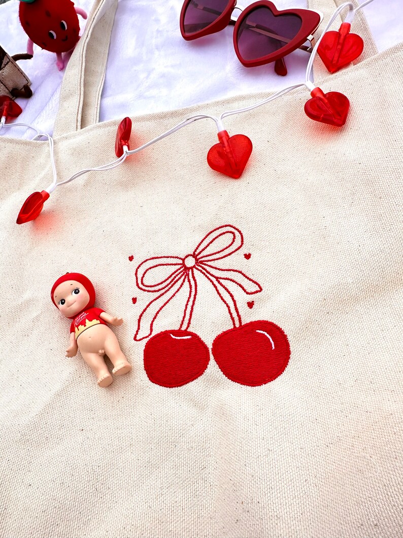 Cherry Bow Embroidered Tote Bag - Etsy