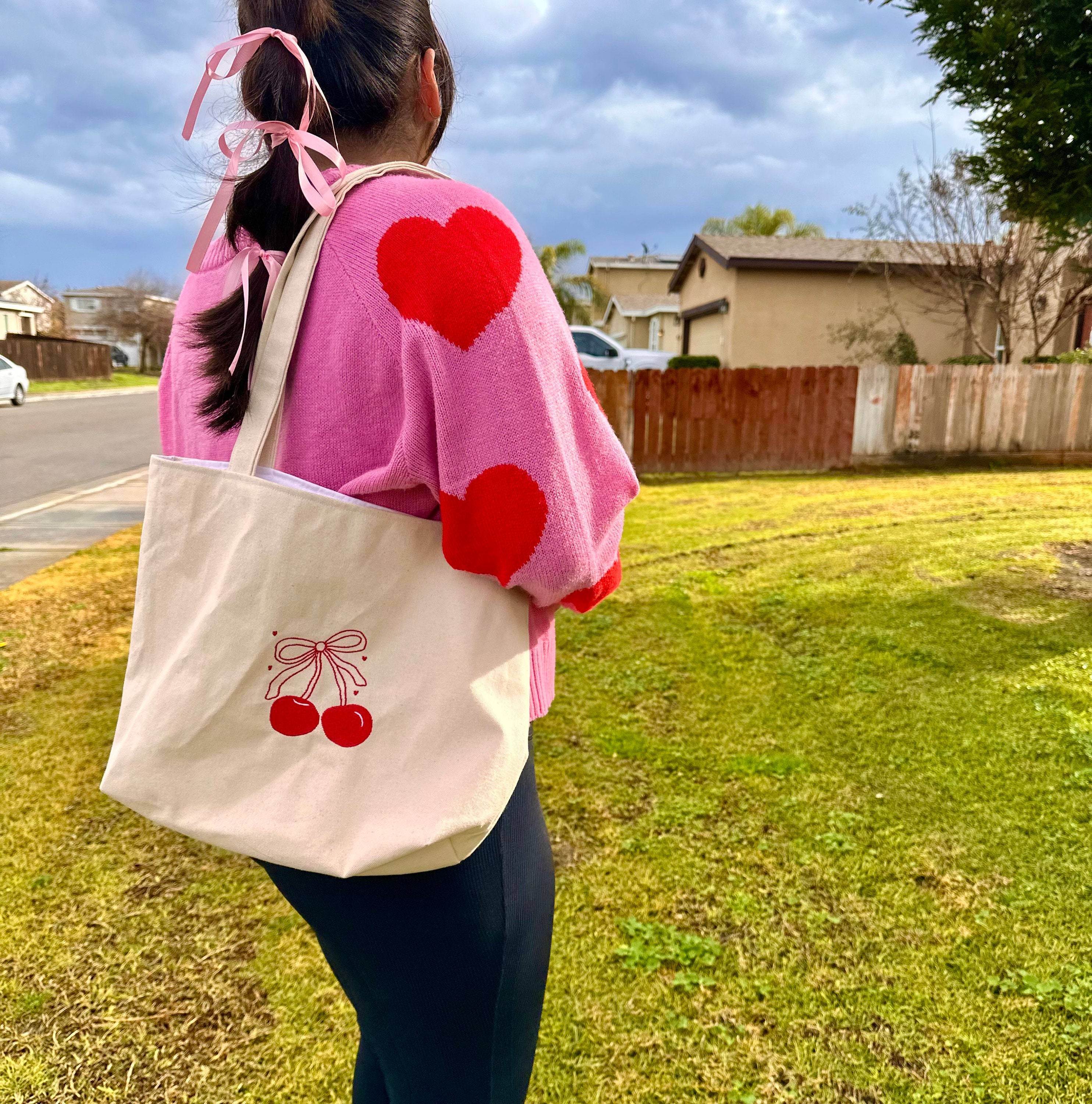 Cherry Bow Embroidered Tote Bag - Etsy