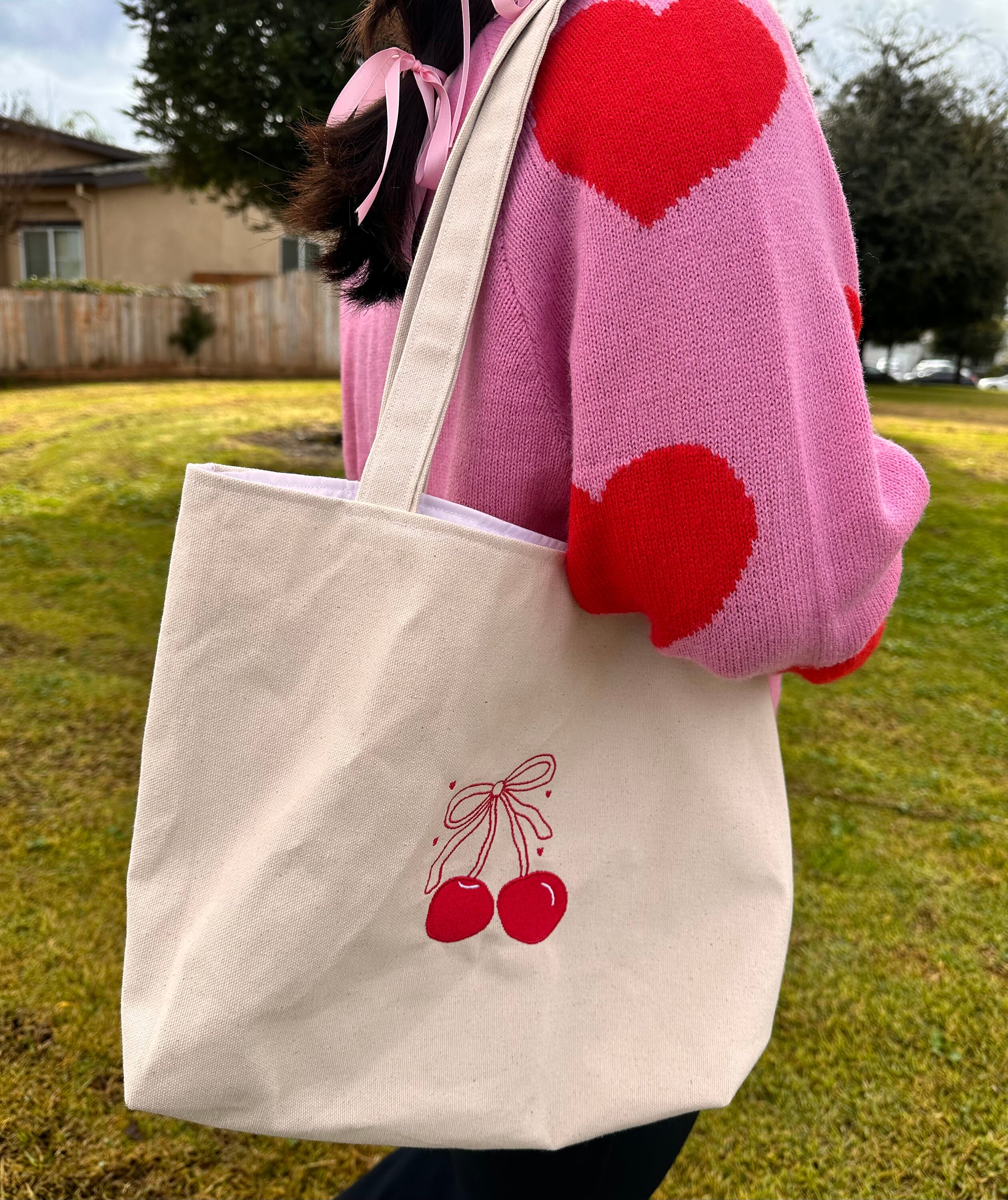 Cherry Bow Embroidered Tote Bag - Etsy