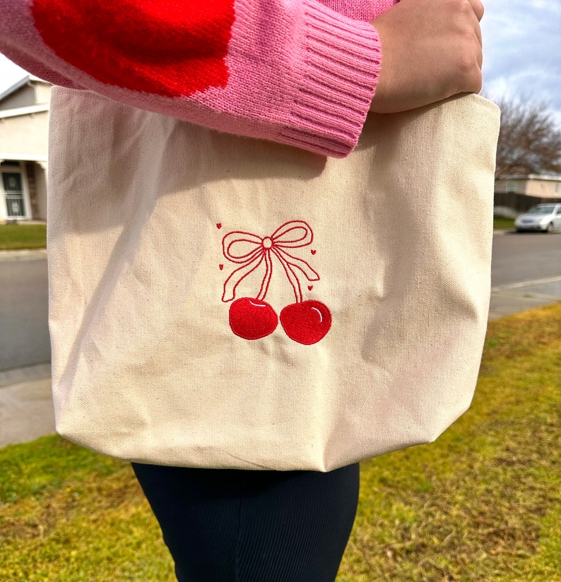 Cherry Bow Embroidered Tote Bag - Etsy