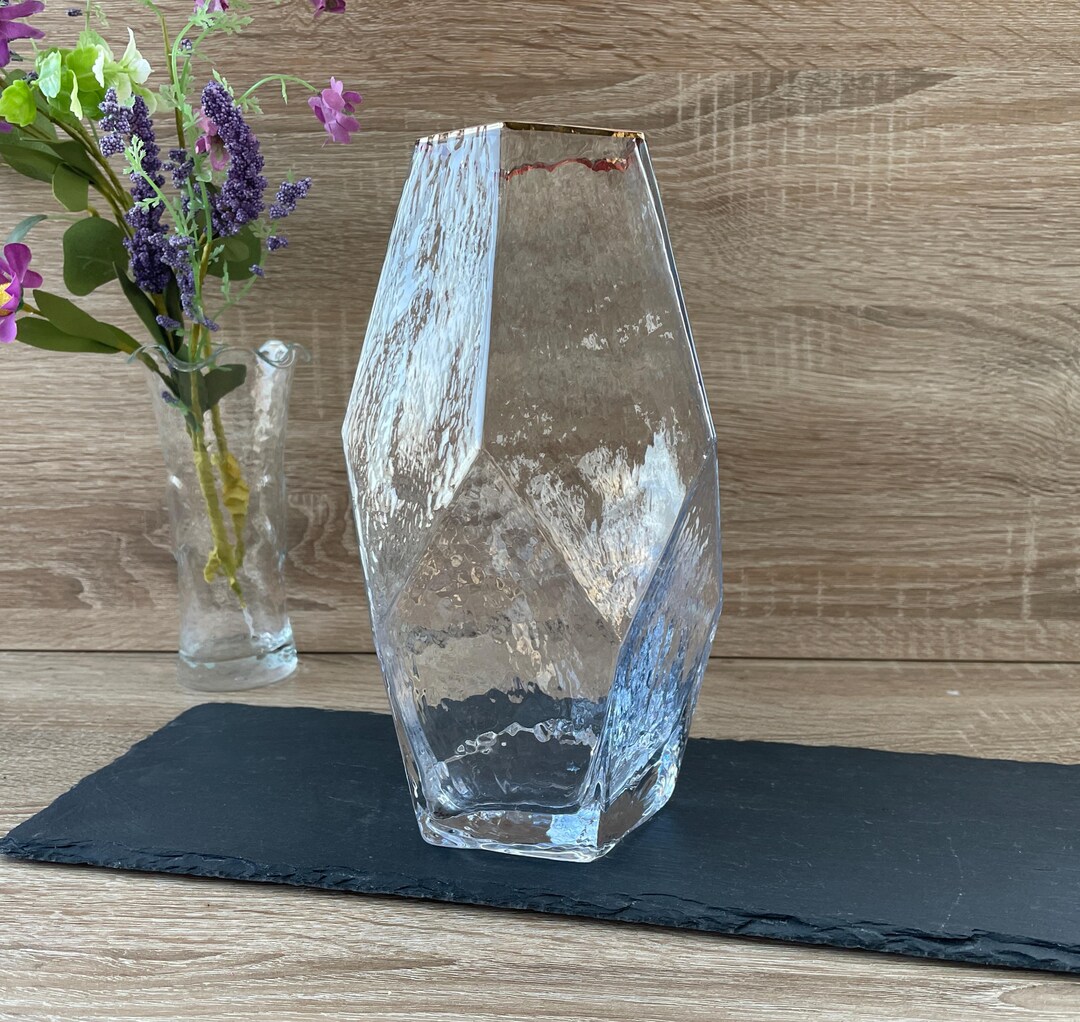 Faceted Textured Glass Vase With Gold Rim | Modern Art Glass Vase ...