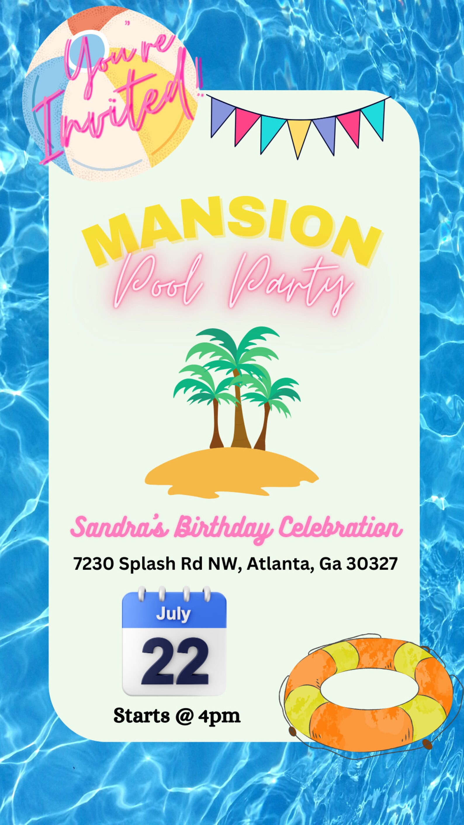 Editable Pool Party Invitation Birthday Celebration Mansion Party Day ...