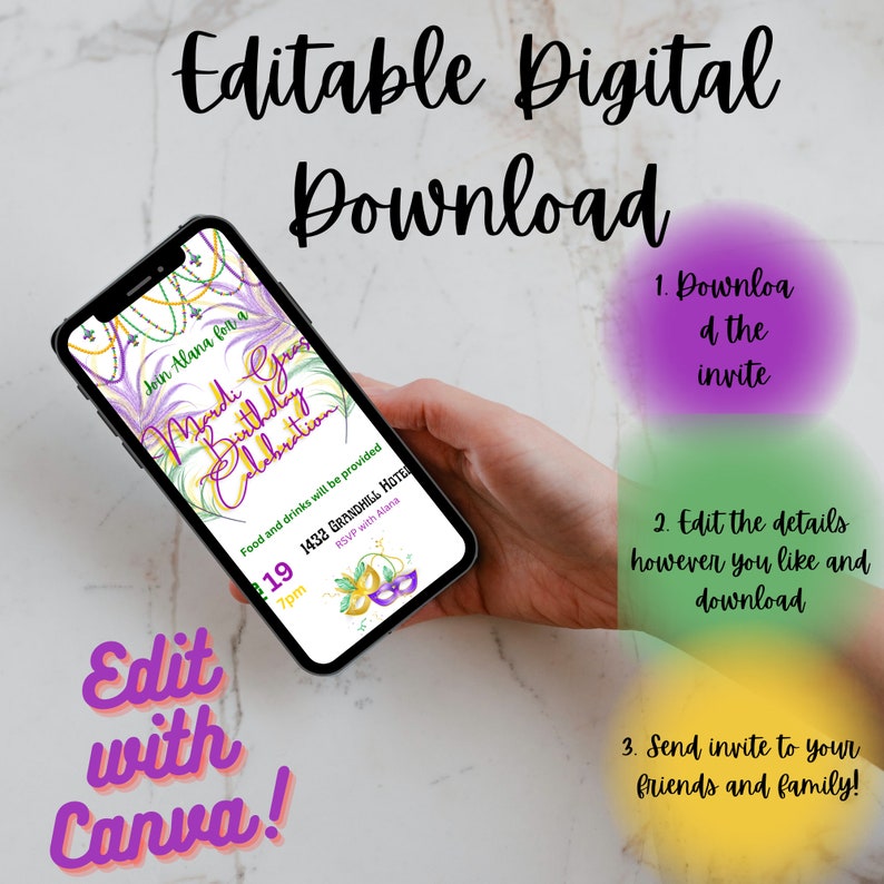 Editable Mardi Gras Theme Birthday Invitation, Fat Tuesday Celebration ...