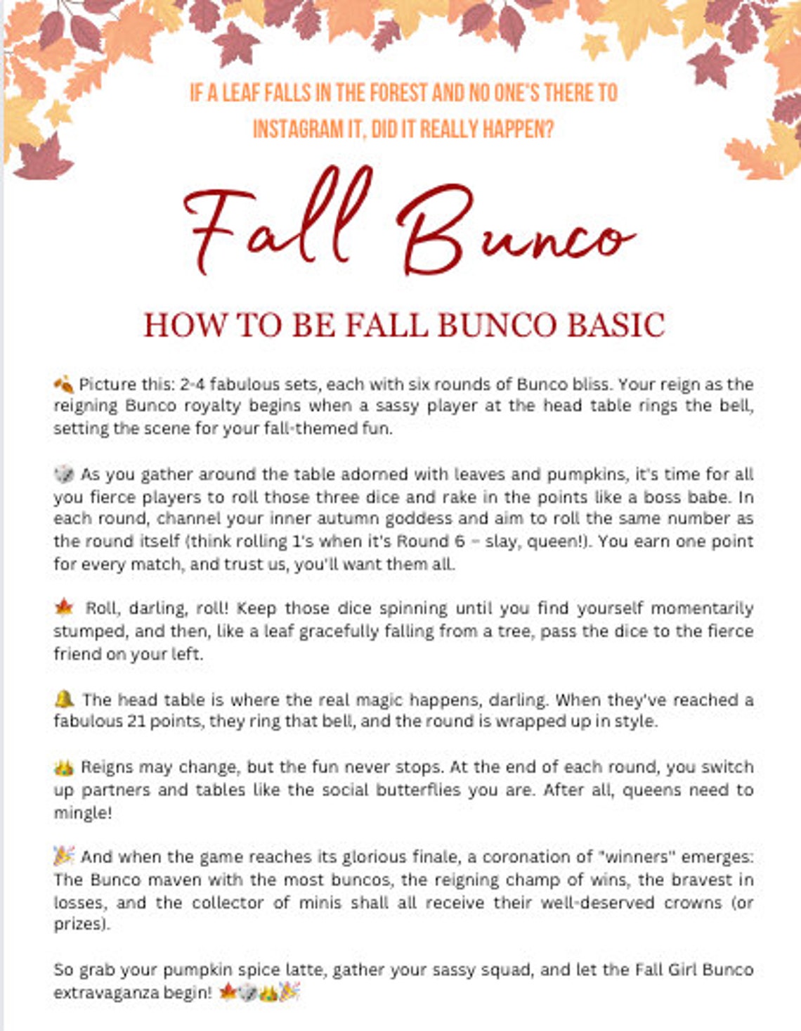 Sassy Fall-themed Bunco Printables - Etsy