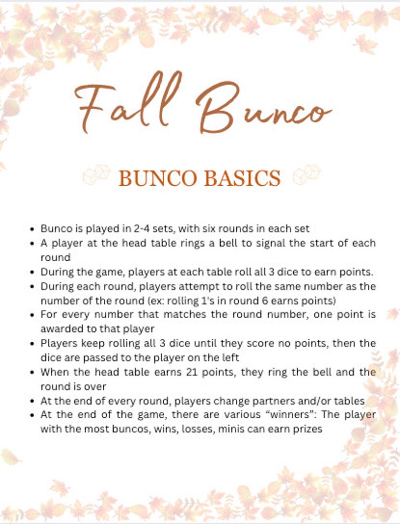 Fall-themed Bunco Printables - ALL ITEMS NEEDED! - Etsy