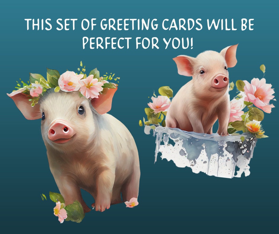 Watercolor Pig Greeting Card With Flowers | 4x6 Blank Printable | Canva ...